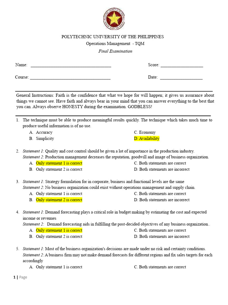 OM - Finals - Answer Key | PDF | Lean Manufacturing | Six Sigma