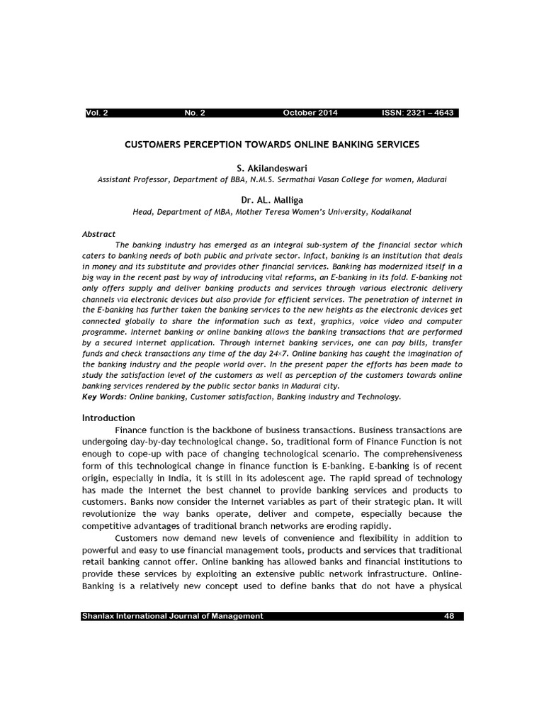 Customers Perception Towards Online Banking Services: Vol. 2 No. 2 October 2014 ISSN: 2321 ...