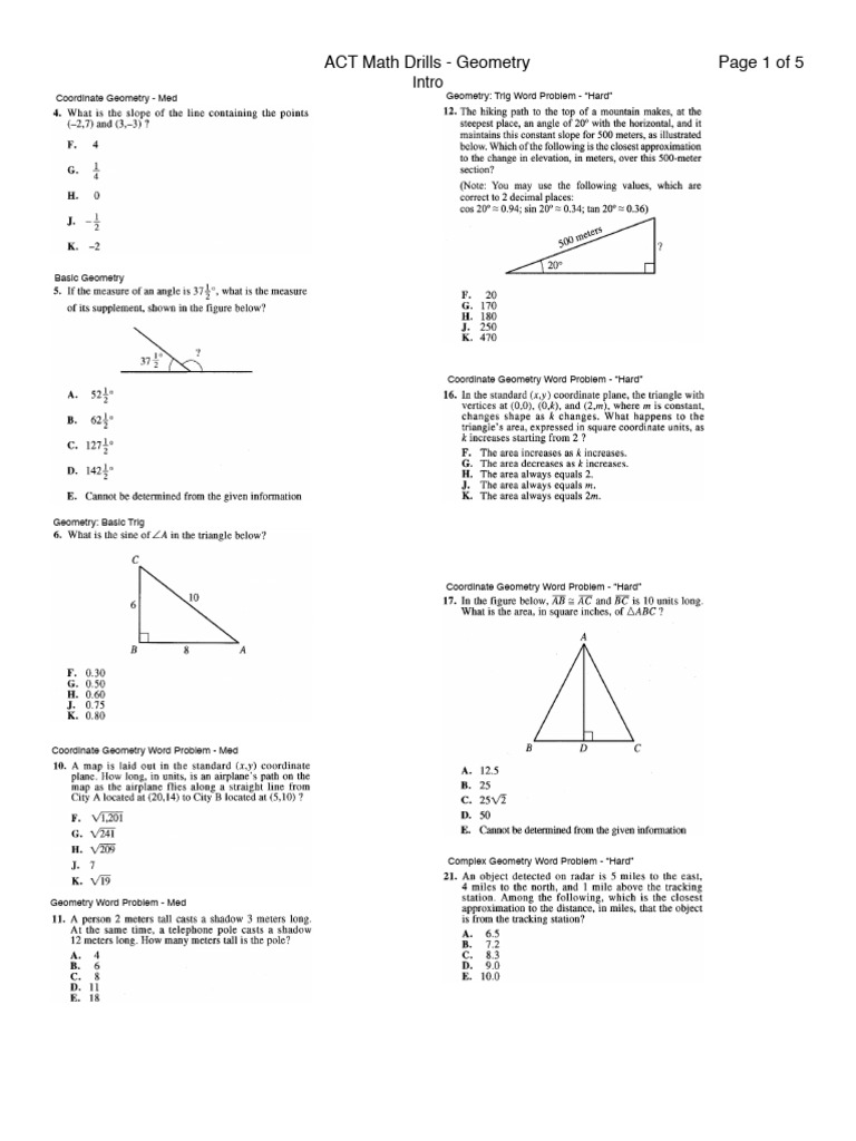 ACT Math Drills Coordinate Geometry With SOLUTIONS | PDF