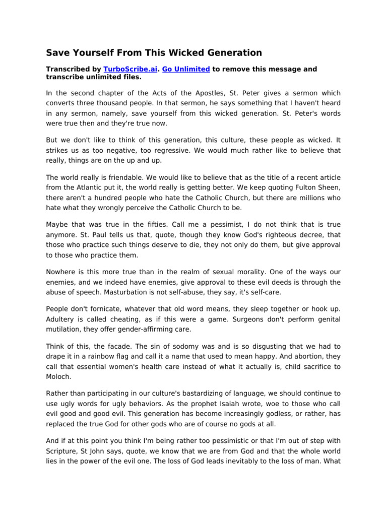 Save Yourself from a Wicked Generation | PDF | Religious Belief And ...