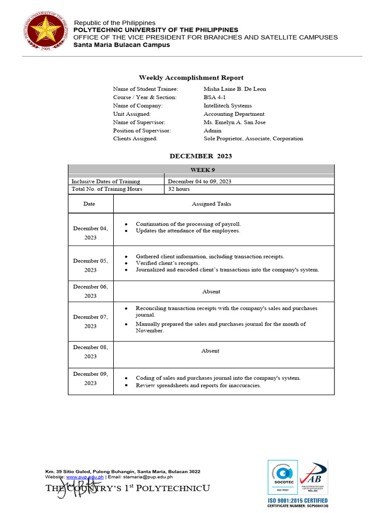 Weekly Accomplishment Report December | PDF | Accounts Payable ...