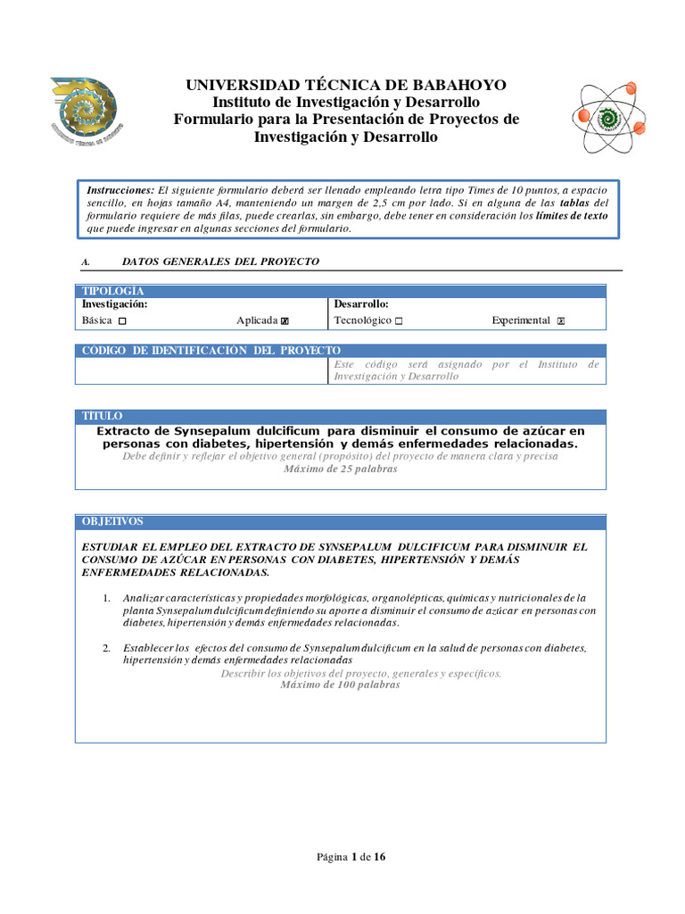 Formulario - Presentación de Proyectos I+D%2c UTB | PDF
