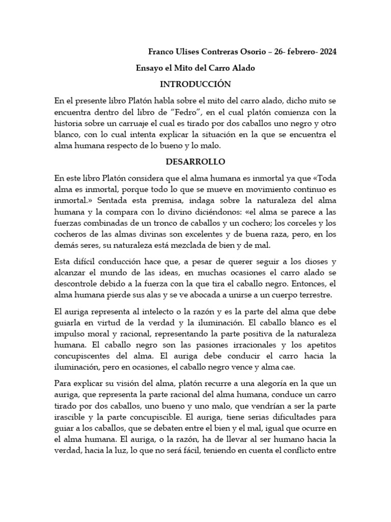 Ensayo El Carro Alado Platón | PDF | Alma