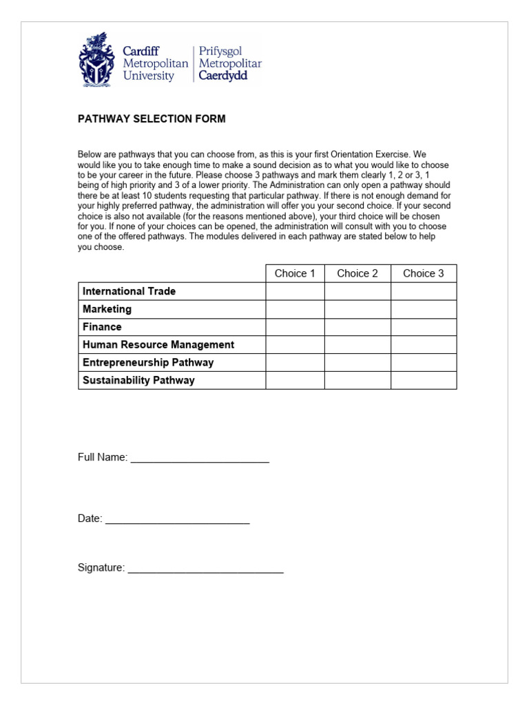 Pathway BA Selection Form 2023-24 | PDF