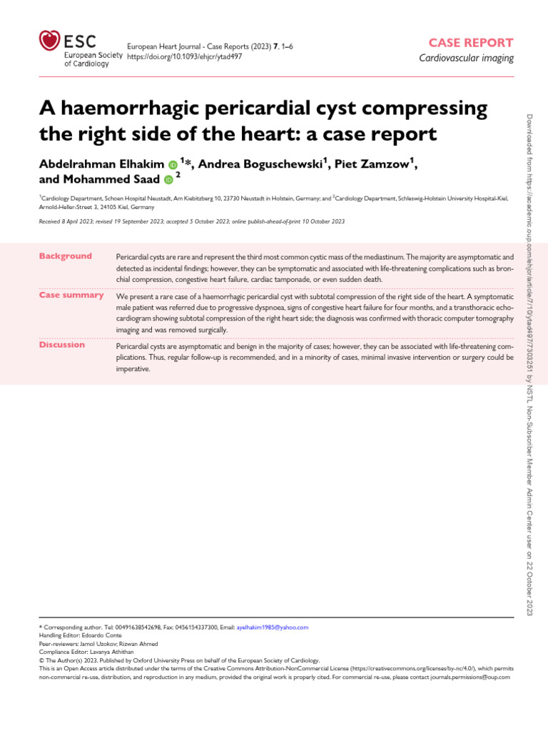 Haemorrhagic Pericardial Cyst Case Report | PDF | Heart | Cardiology