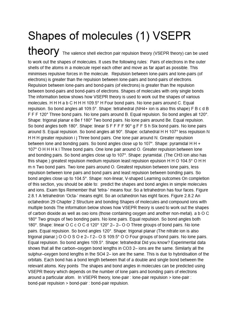 Shape of Molecules Vsepr Theory | PDF | Chemical Bond | Physics