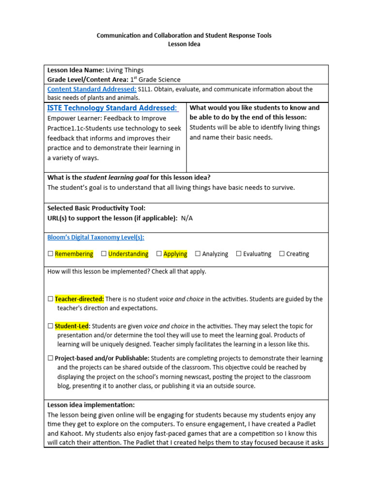 Living Things Lesson Plan | PDF | Learning | Project Based Learning