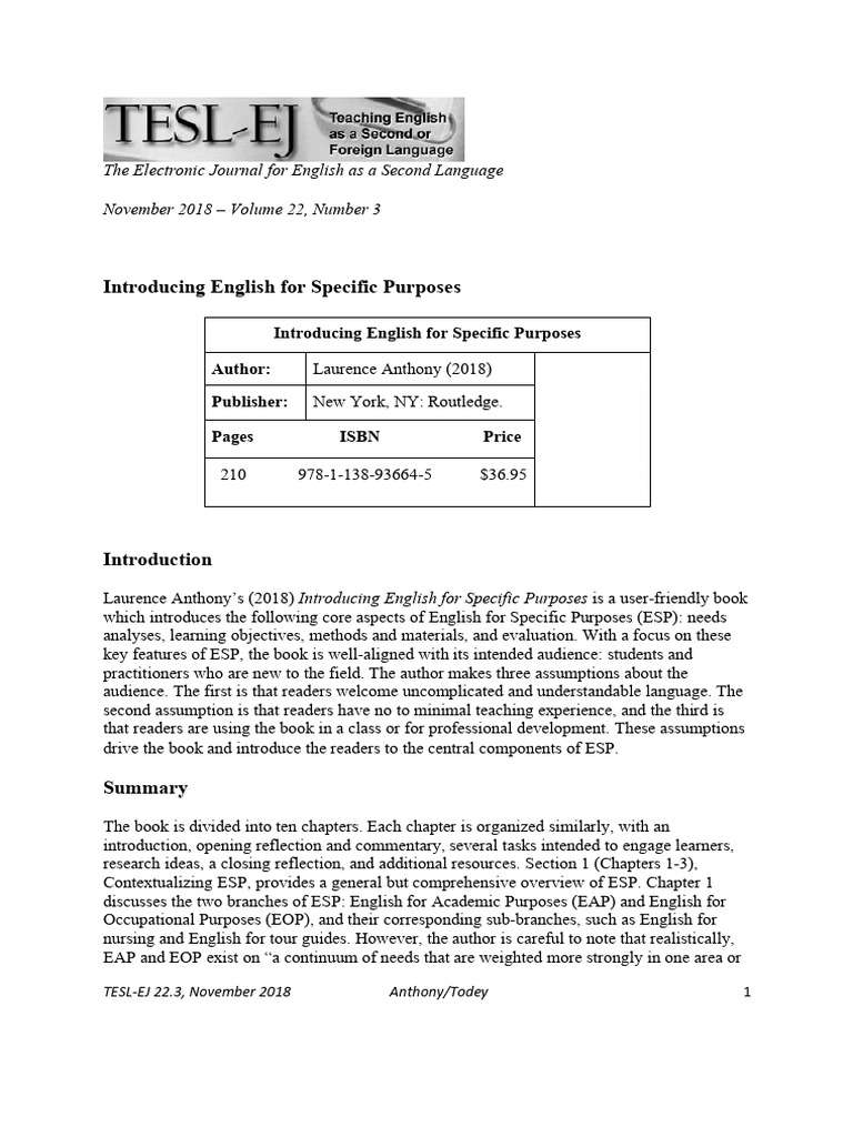 Introducing English For Specific Purposes | PDF | Learning | English As ...
