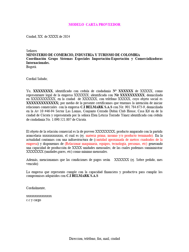 Cartas Proveedores C.I BELMARK | PDF