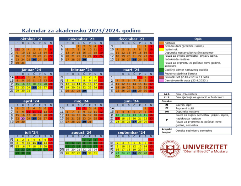 Kalendar Za Akademsku 2023 2024 Godinu | PDF