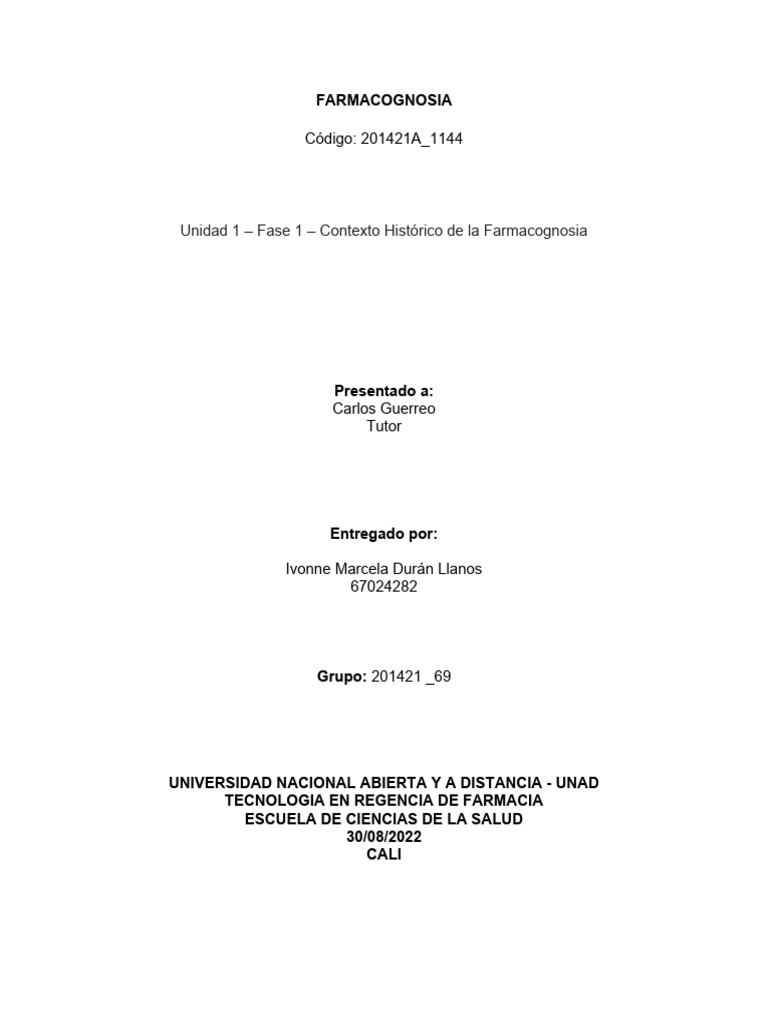 Farmacognosia Unidad 1 Fase 1 Ivonne Marcela Duran Llanos | PDF