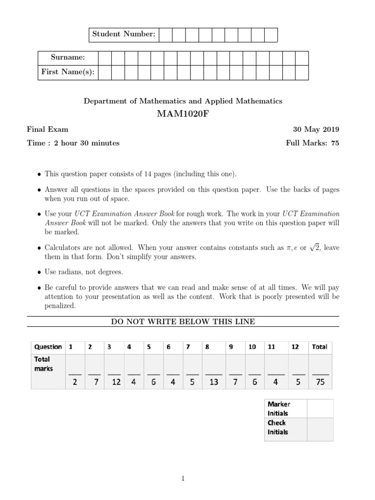MAM1020F Final Exam 2019 | PDF