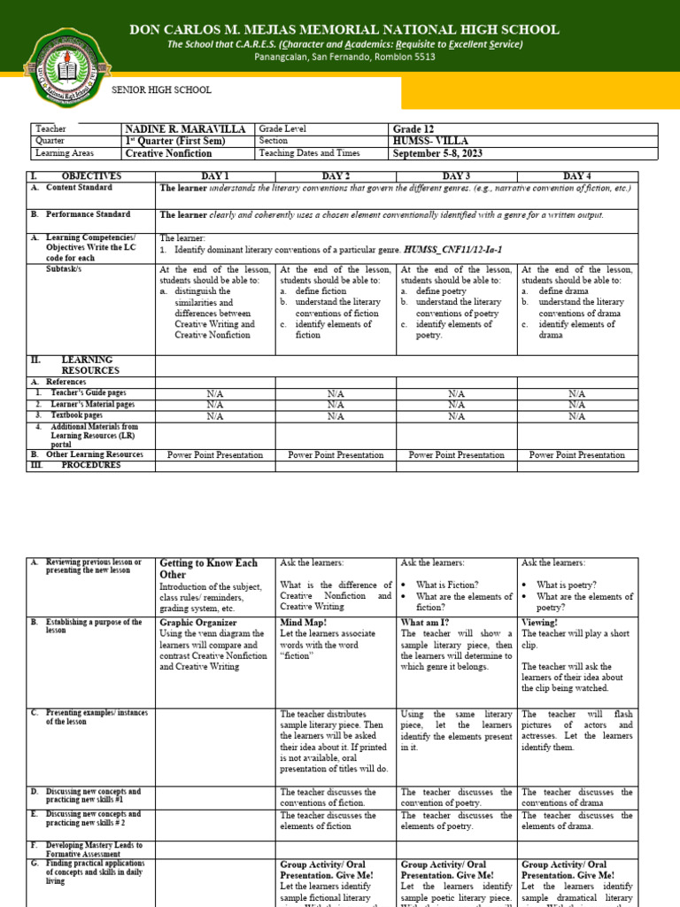 CNF Q1 - Week 1-1 | PDF | Language Arts & Discipline | Foreign Language Studies