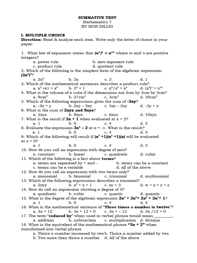 Grade 7 Algebra Summative Test | PDF