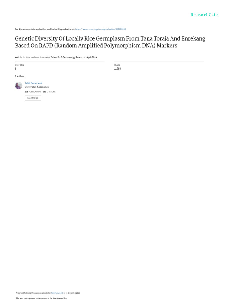 Genetic Diversity of Locally Rice Germplasm From Tana Toraja and Enrekang Based On RAPD (Random ...