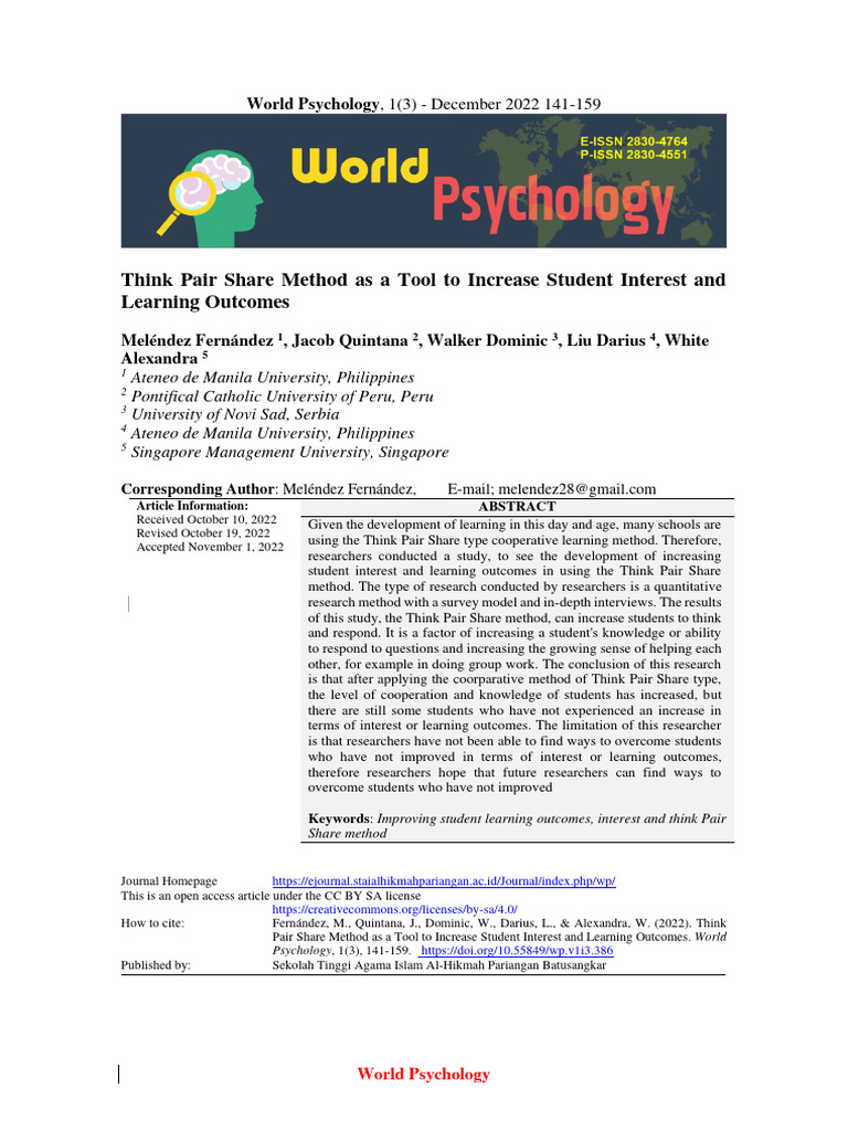 Think Pair Share Method As A Tool To Increase Student 128vtsi4 ...