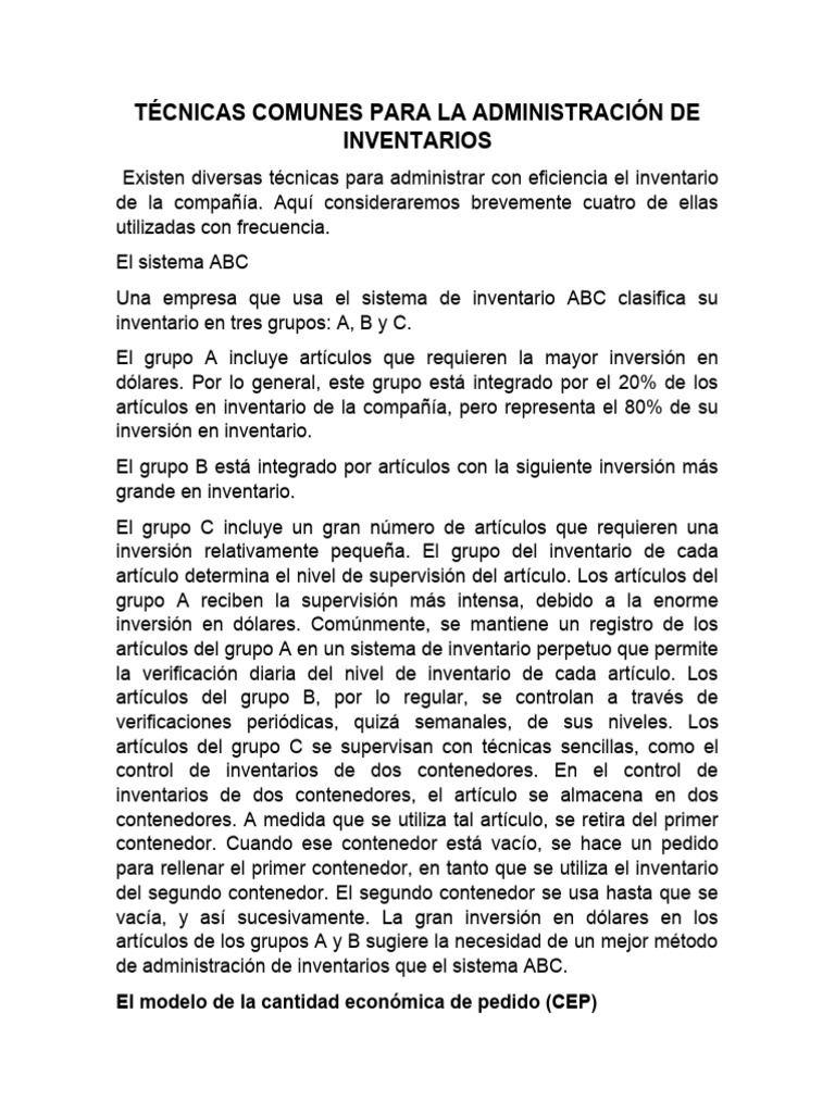 Técnicas Comunes para La Administración de Inventarios | PDF ...