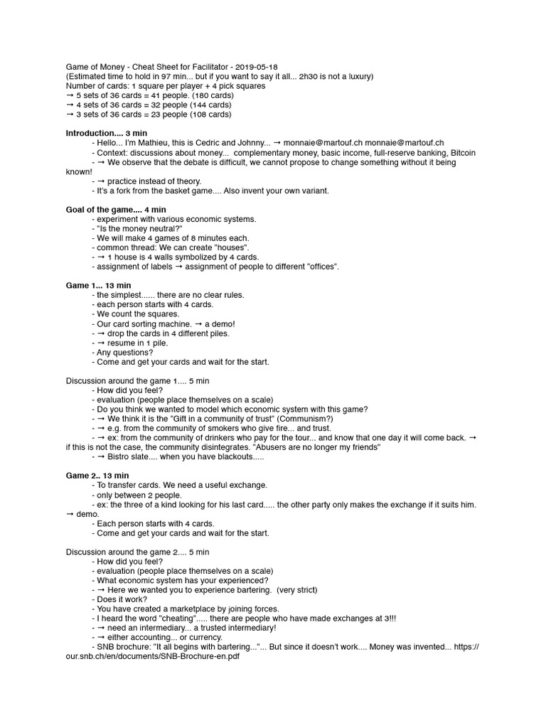Game of Money Facilitator Cheat Sheet | PDF | Home & Garden