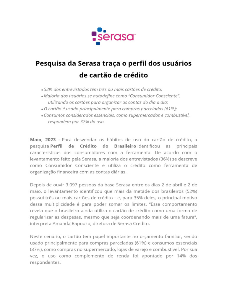 Serasa Perfil Cartao de Credito 2023 | PDF | Cartão de crédito | Crédito