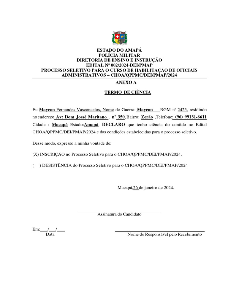 Termo de Ciência Choa | PDF