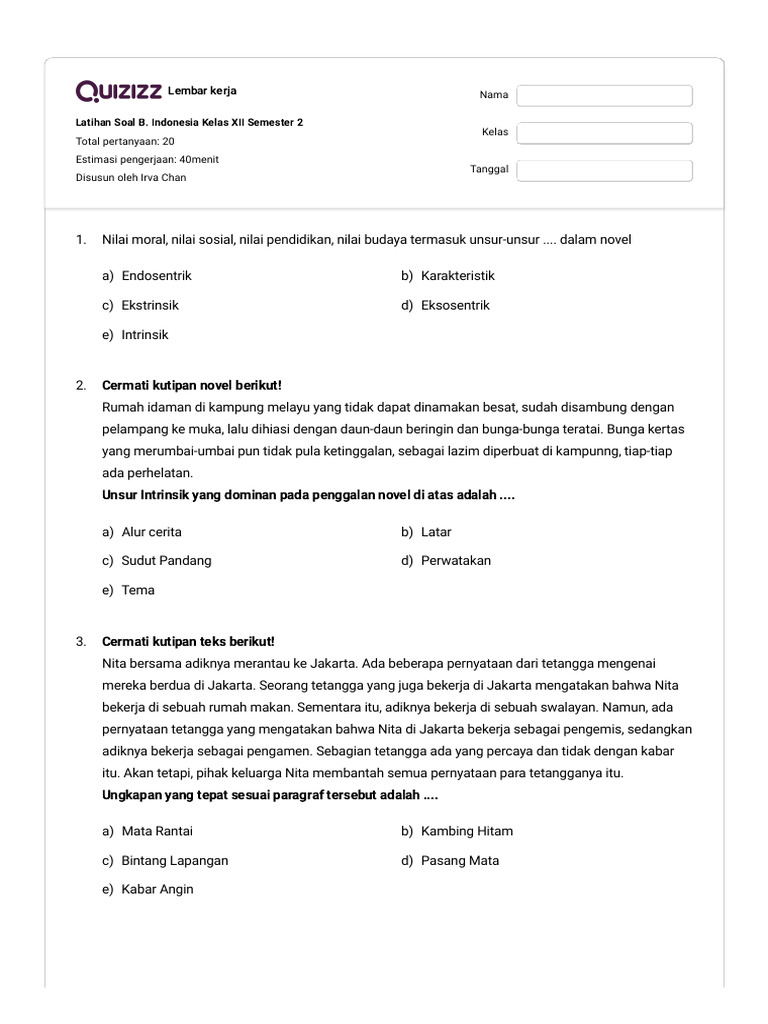 Latihan Soal B. Indonesia Kelas XII Semester 2 - Quizizz | PDF