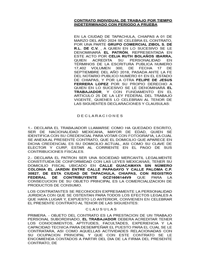Contrato Laboral Grupo Comercial Zibol | PDF | Salario | Derecho laboral
