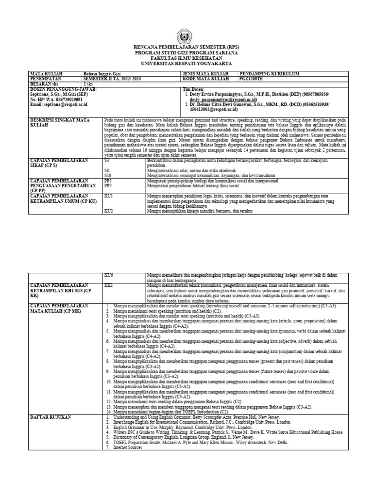 RPS Bahasa Inggris Gizi - 2022 | PDF | Sains & Matematika