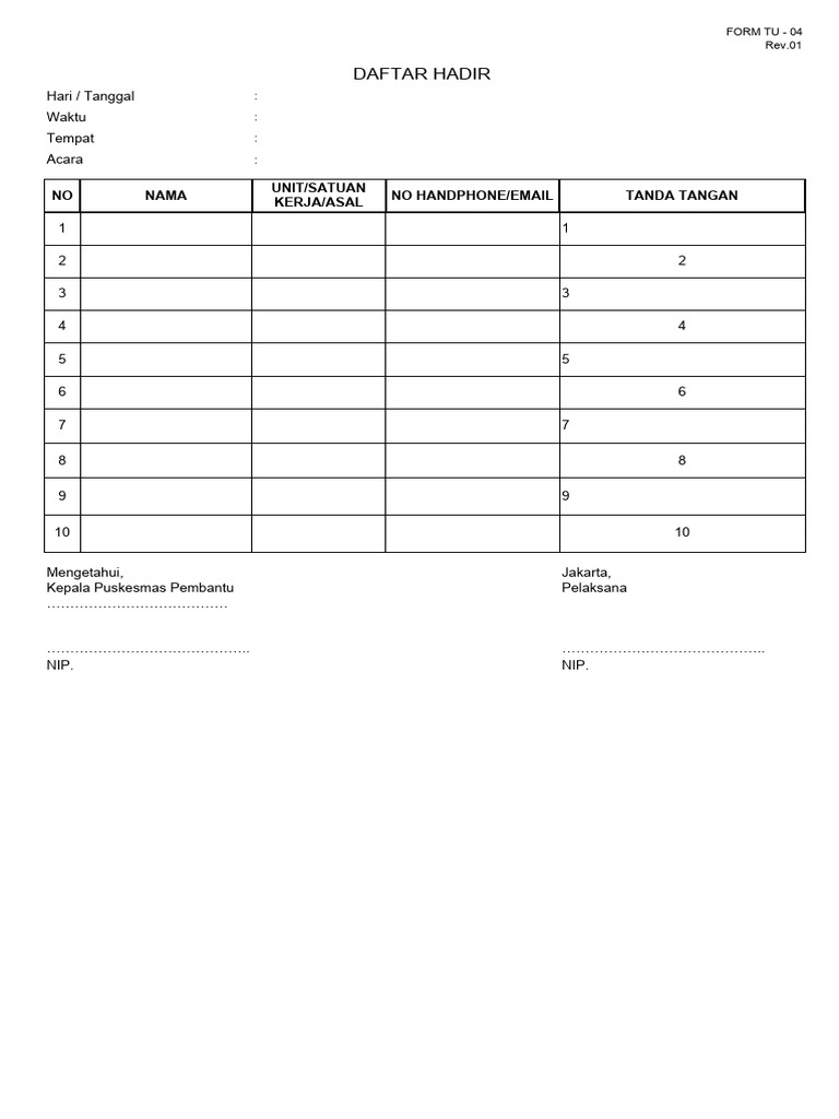 Form Daftar Hadir PUSTU | PDF