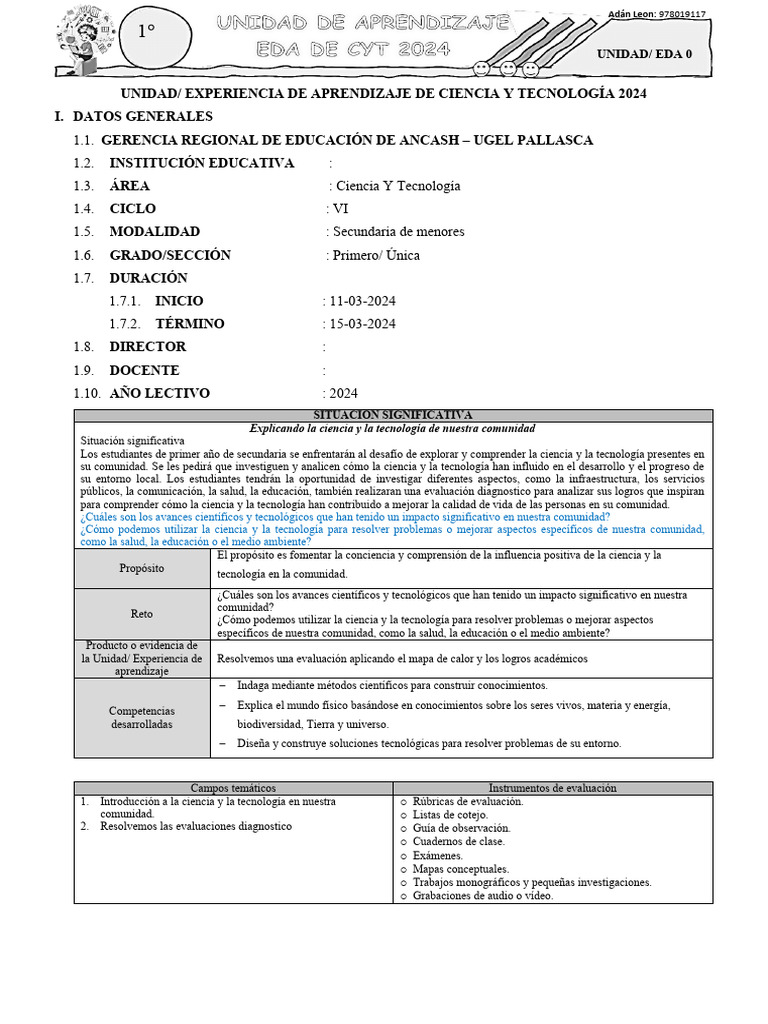 1° EdA Y-O Unidad CyT 2024 | PDF | Evaluación | Aprendizaje
