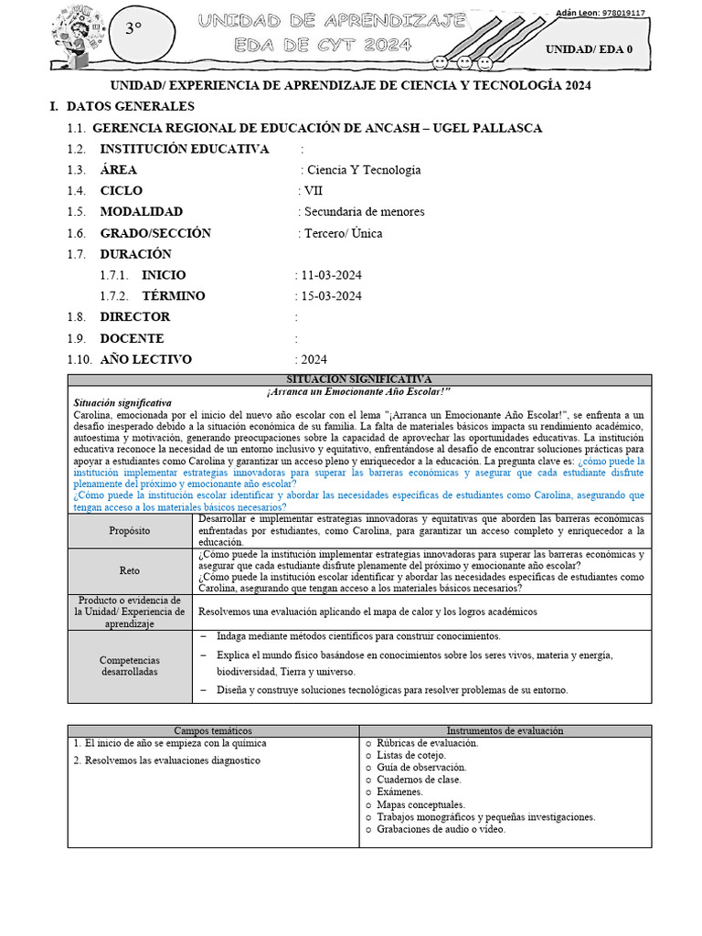 3° EdA Y-O Unidad CyT 2024 | PDF | Evaluación | Aprendizaje