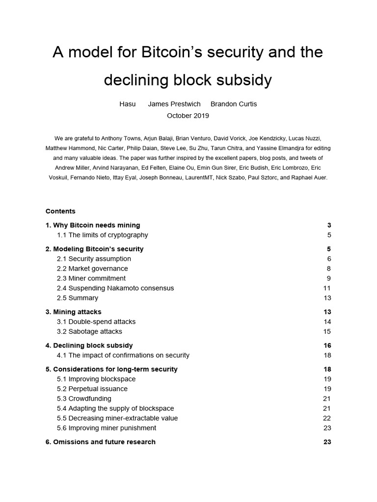 A Model For Bitcoins Security and The Declining Block Subsidy | PDF | Bitcoin | Cryptocurrency