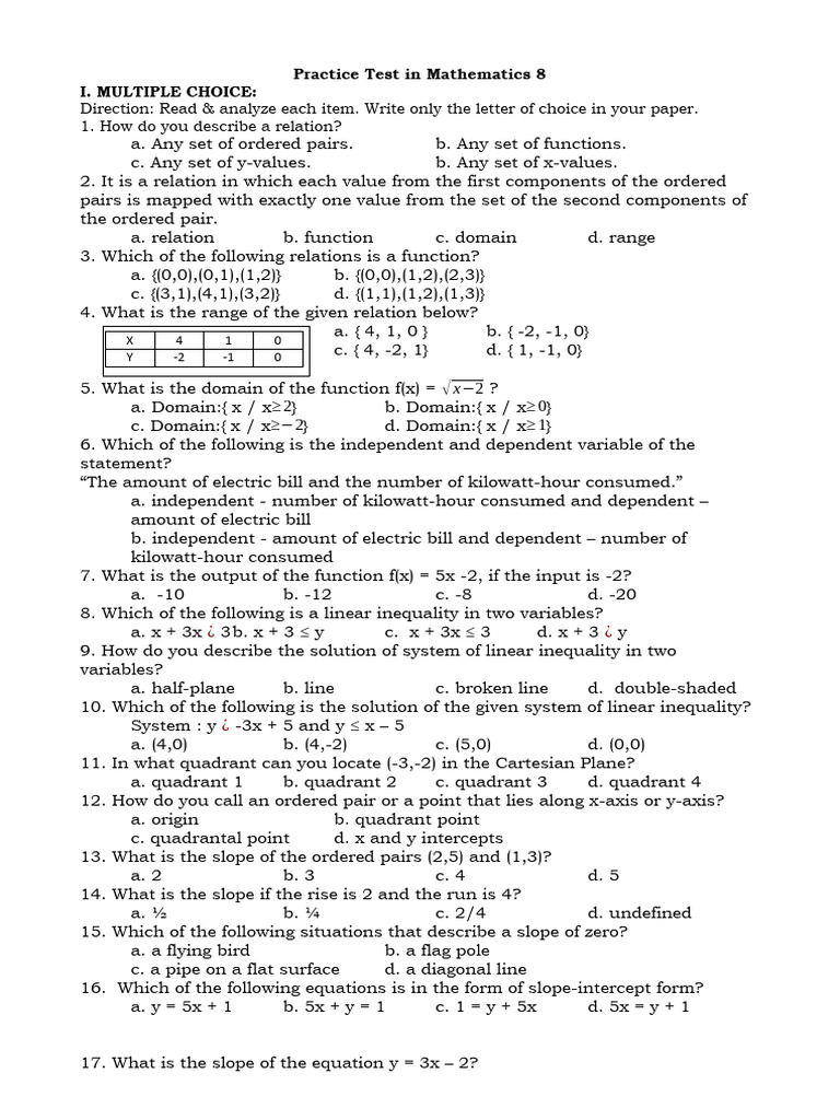 Practice Test In Math 8 Pdf