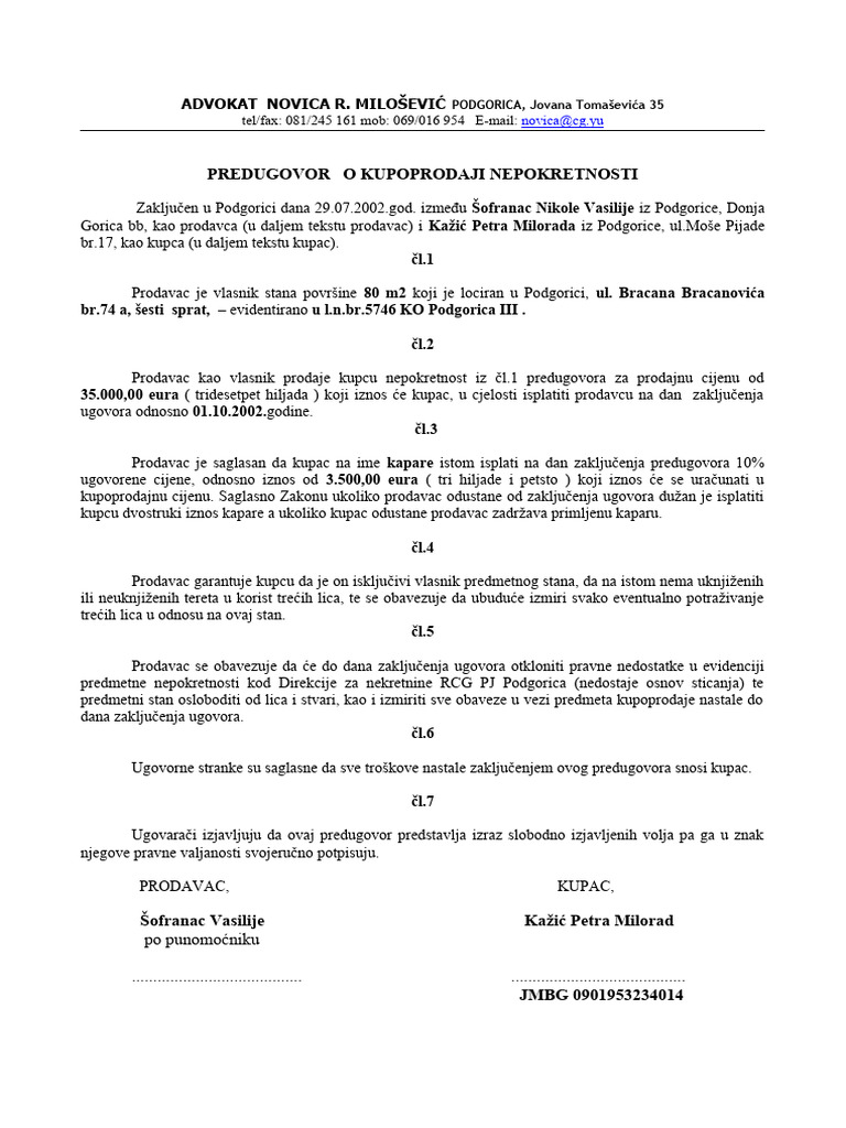 Predugovor o Kupoprodaji Stana | PDF