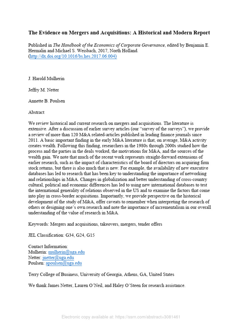 The Evidence On Mergers and Acquisitions A Historical and Modern Report ...