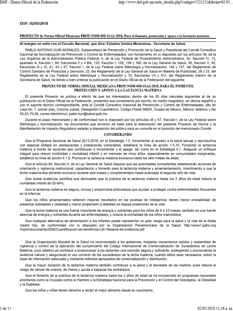 Proy Nom 050 Ssa2 2018 | PDF | Amamantamiento | La leche materna