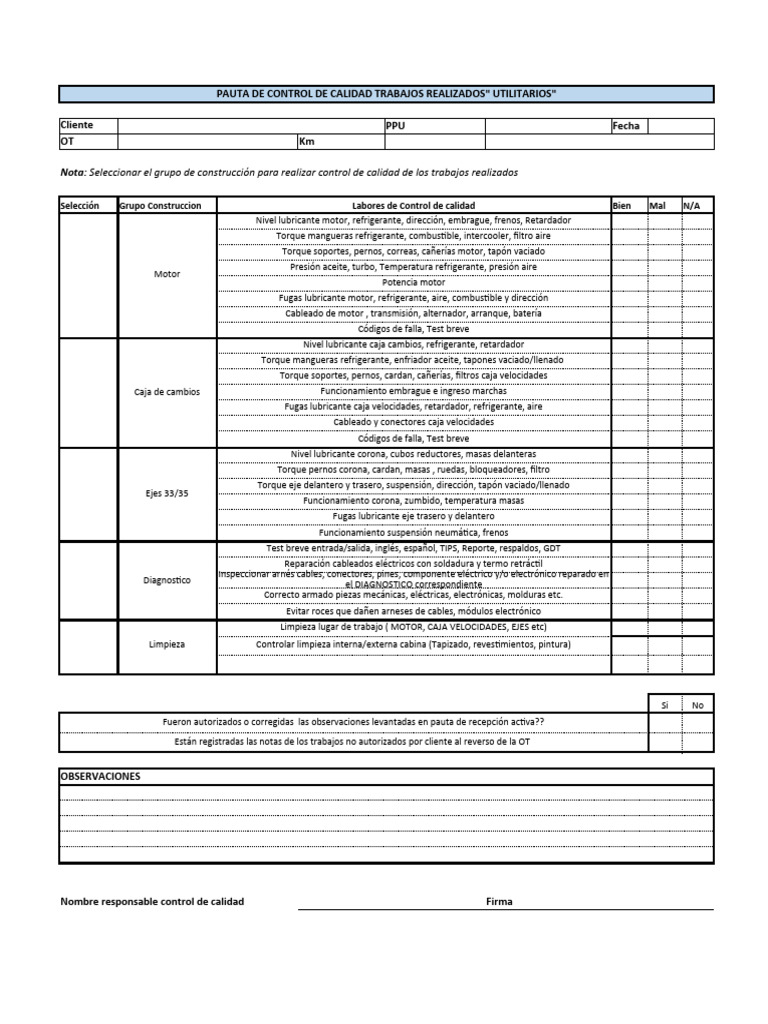 Pauta de Control de Calidad Trabajos Realizados Utilitarios | PDF
