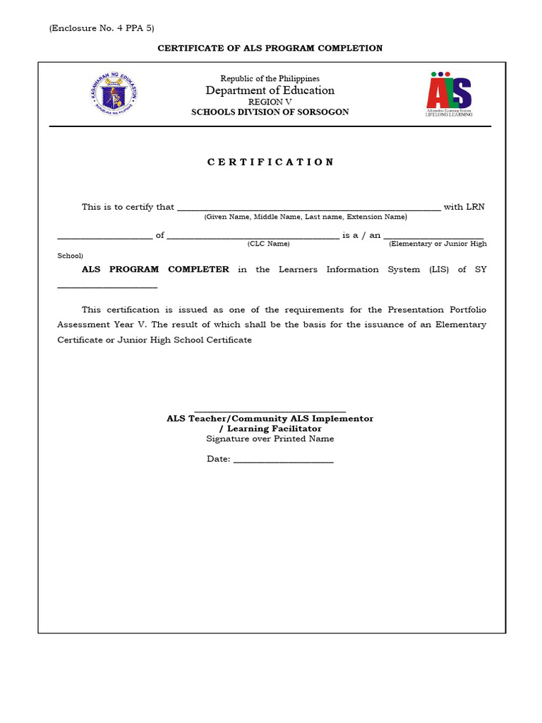 Certificate of ALS Program Completion (Enclosure No. 4) PPA 5 | PDF