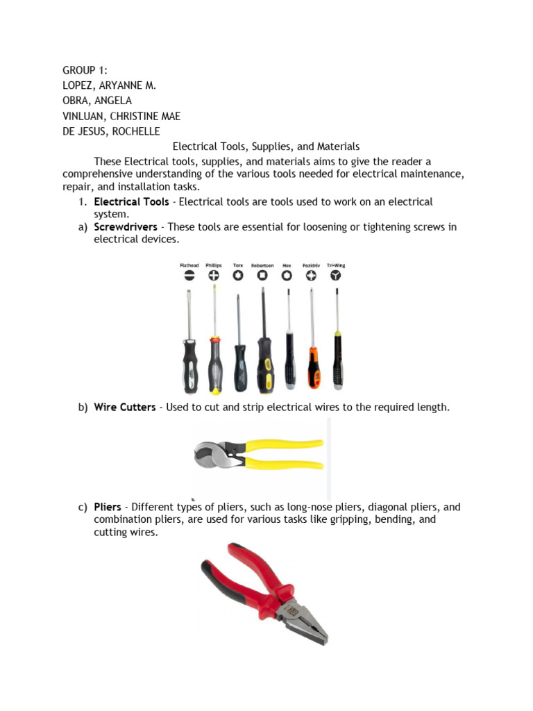 GROUP 1-Electrical Tools, Supplies, and Materials | PDF | Electrical ...