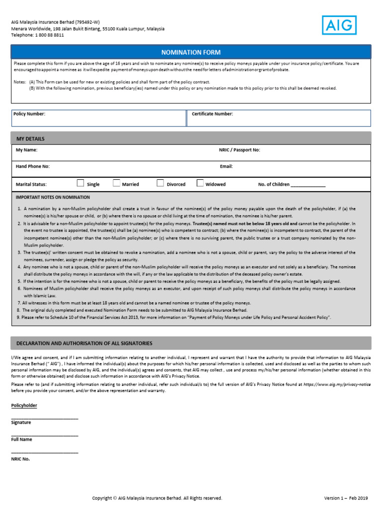 Beneficiary Nomination Form | PDF | Insurance | Trust Law