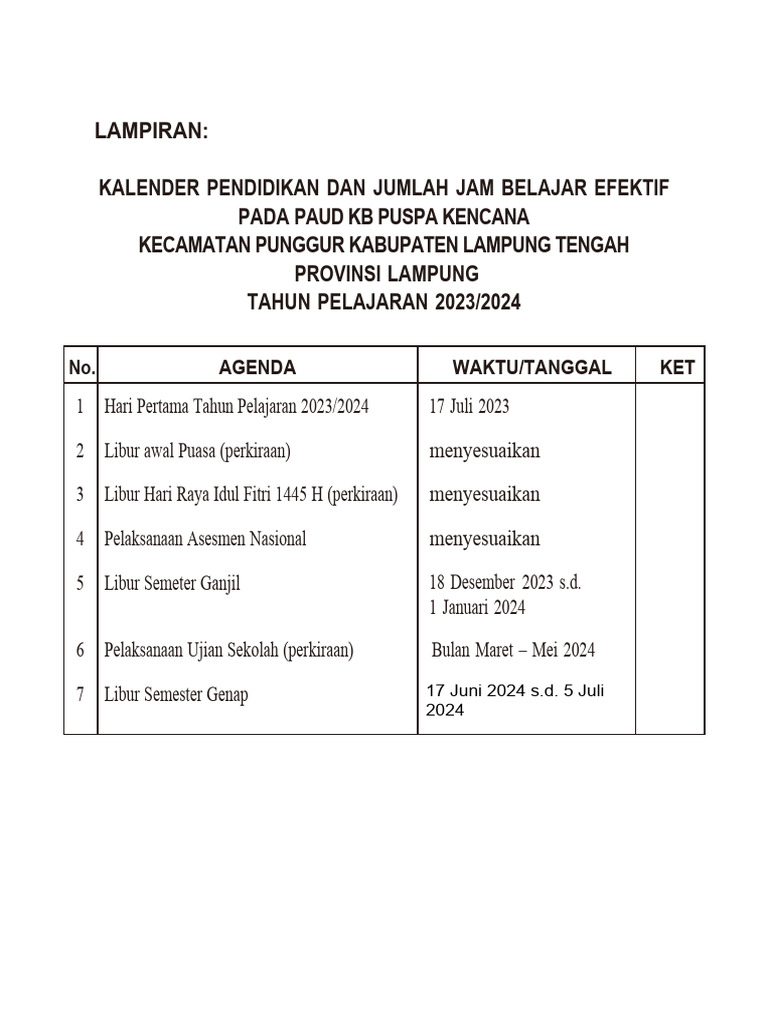 Kalender Pendidikan Paud Puspa Kenca | PDF