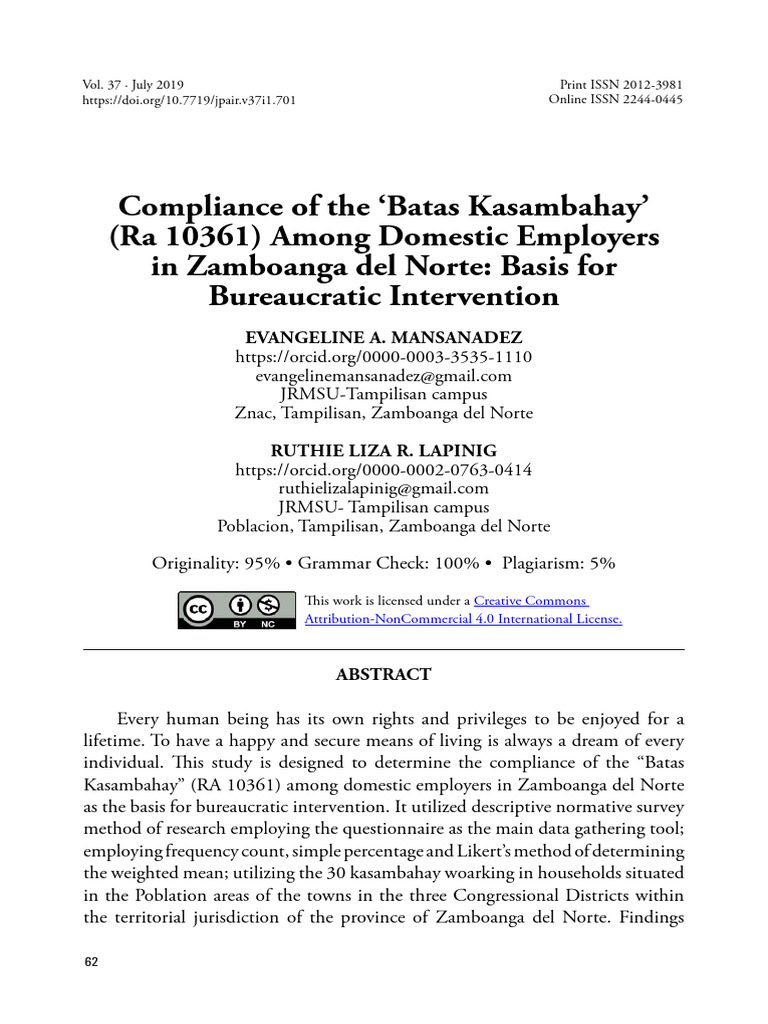 Compliance of The Batas Kasambahay Ra 10361 Amon | PDF | Employment | Welfare