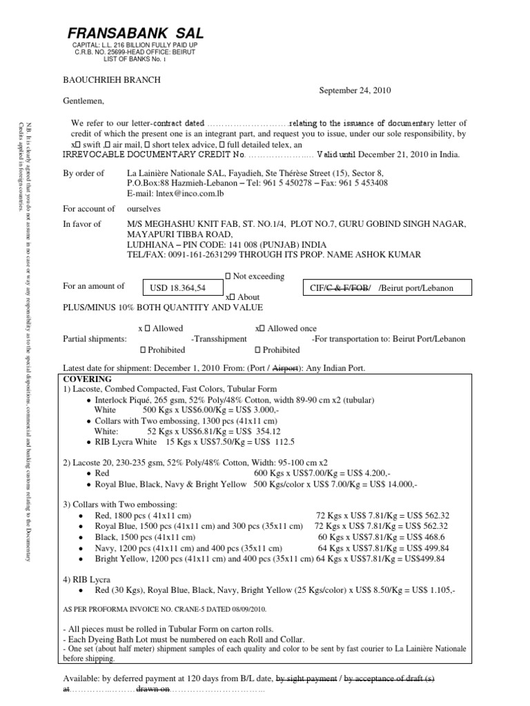LC Application | PDF | Cargo | Invoice