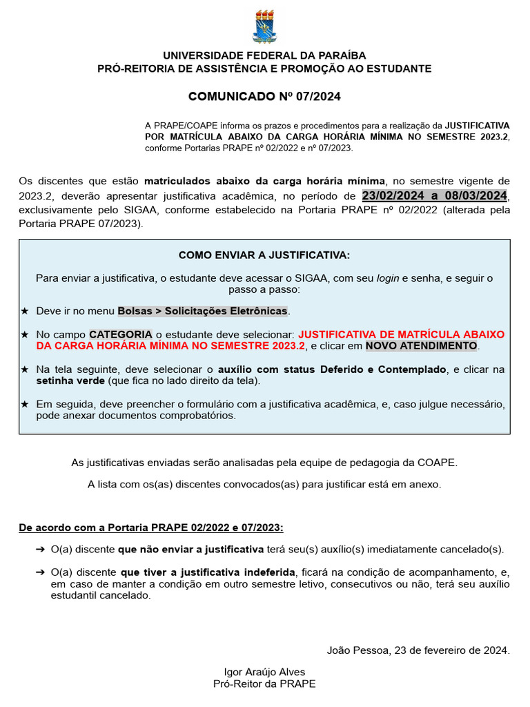 Comunicado-07 2024 Convocacao Justificativa Carga-Horaria-Minima 2023-2 | PDF
