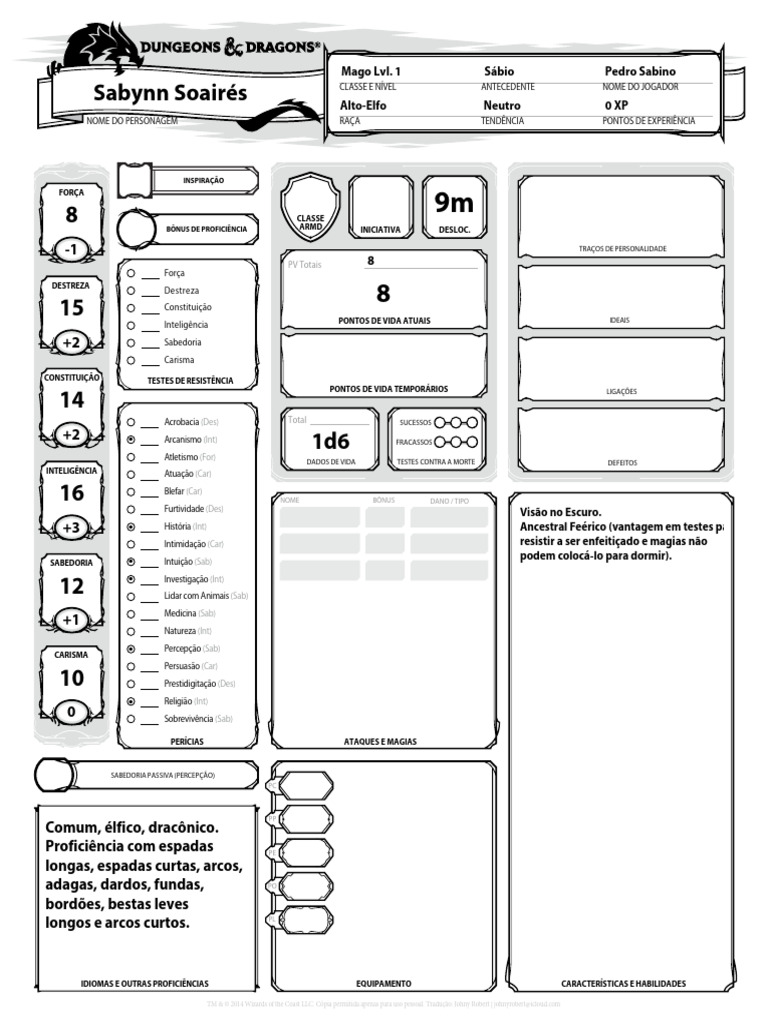 Ficha de Personagem D&D: Mago Alto-Elfo | PDF