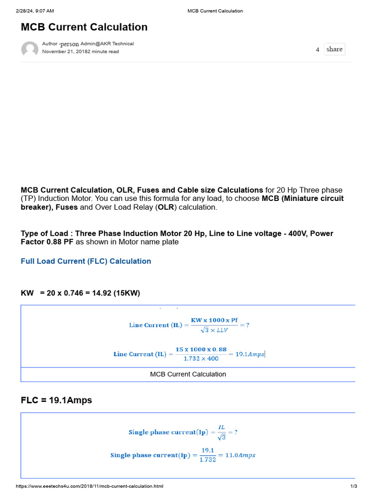 MCB Current Calculation | PDF | Fuse (Electrical) | Electric Motor