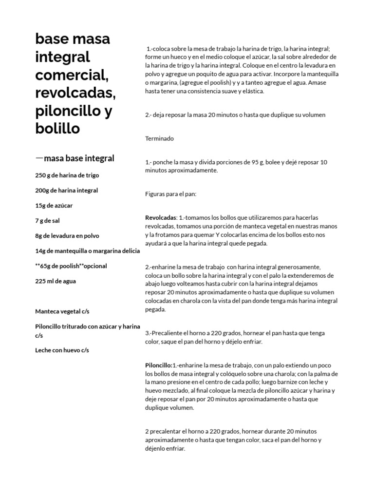Base Masa Integral Comercial, Revolcadas, Piloncillo y Bolillo | PDF | Panes | Mantequilla