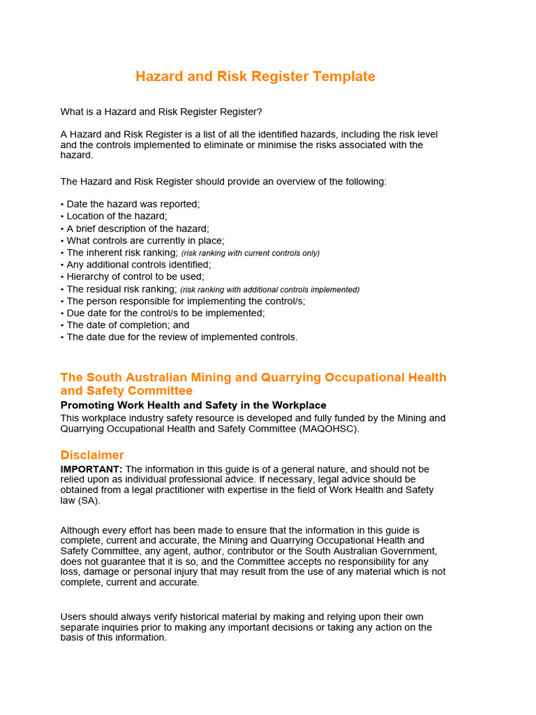 5.5 Hazard and Risk Register Template | PDF | Occupational Safety And ...