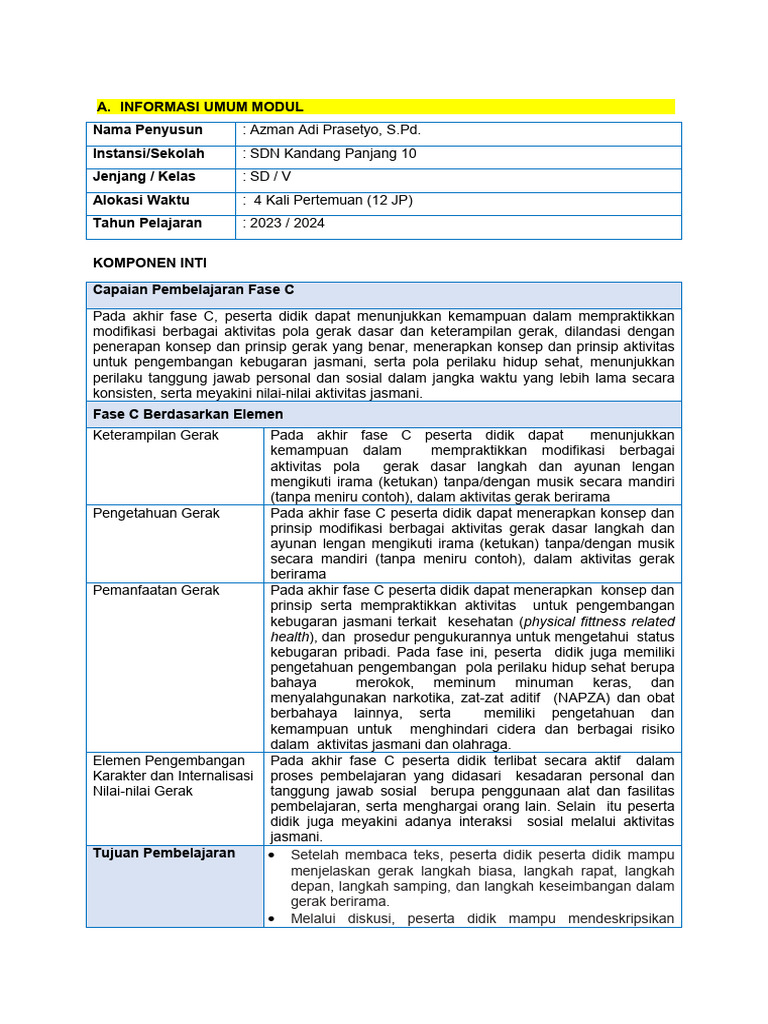 Pelajaran VII Kombinasi Gerak Dasar Langkah Dan Ayunan Lengan Dalam Aktivitas Berirama | PDF
