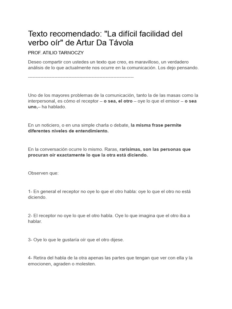 FICHA 11 La Difícil Facilidad Del Verbo Oír - de Artur Da Távola | PDF