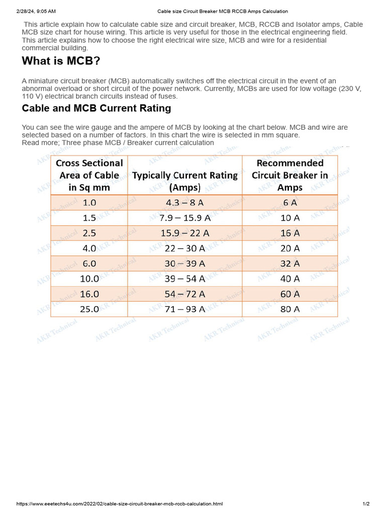 Cable Size Circuit Breaker MCB RCCB Amps Calculation | PDF